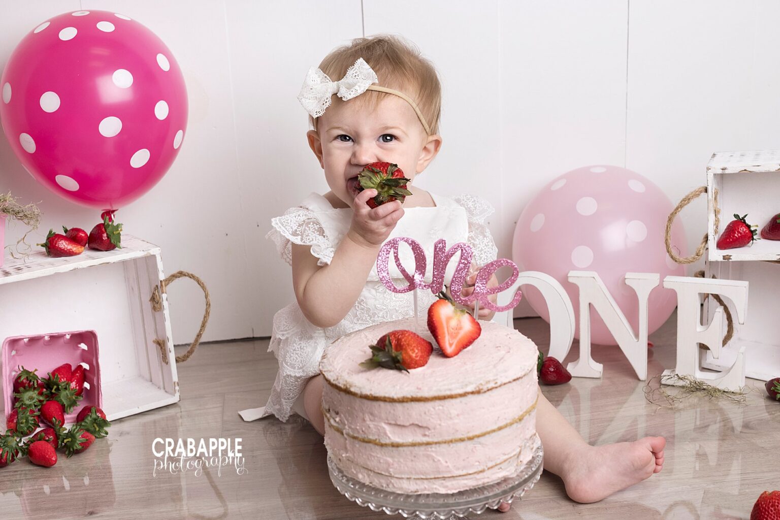 Strawberry Cake Smash Photos · Crabapple Photography